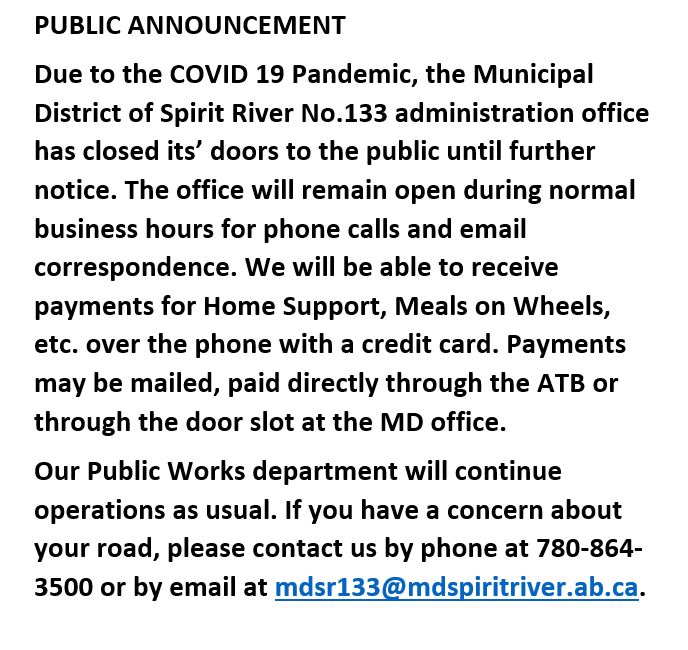 PUBLIC NOTICE - COVID 19 - Municipal District of Spirit River
