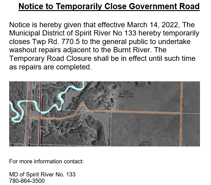 Road Closure - Municipal District of Spirit River